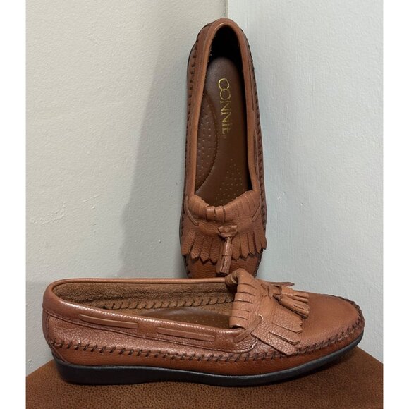 Connie | Shoes | Connie Brown Leather Loafers Fringe Slip On Womens 75m ...